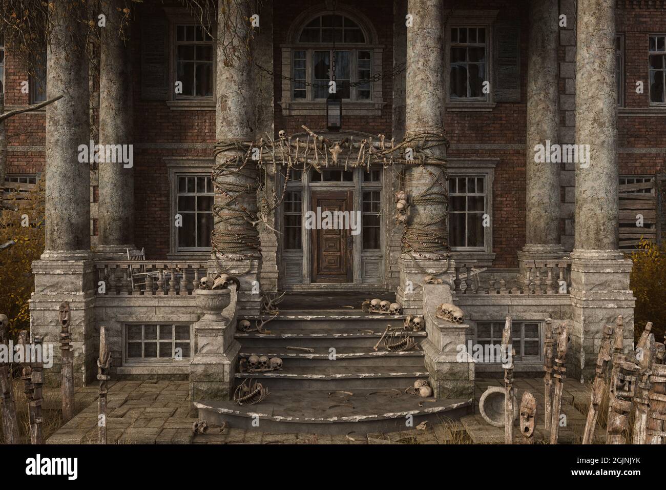 Entrance to an old creepy mansion house with stone steps and columns ...