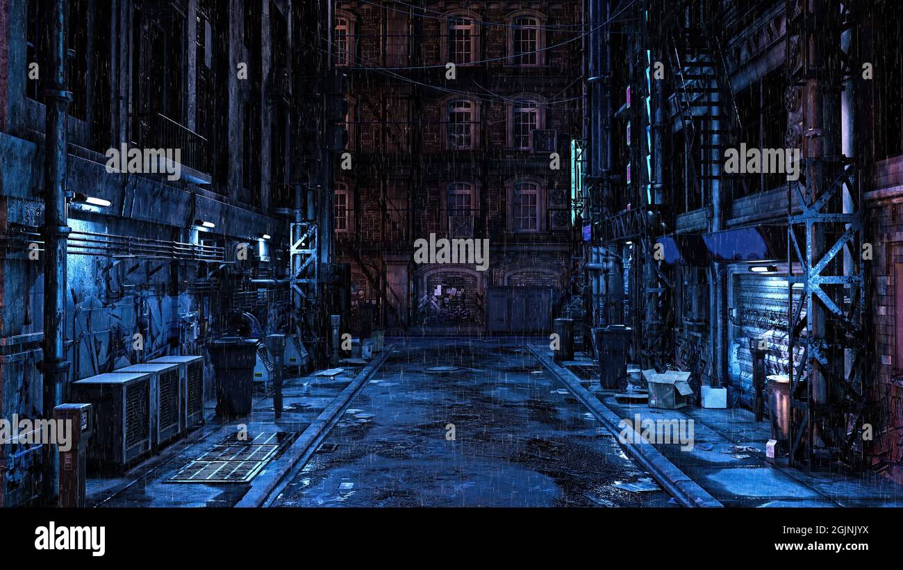 Dark seedy futuristic urban back street alley at night in the rain ...