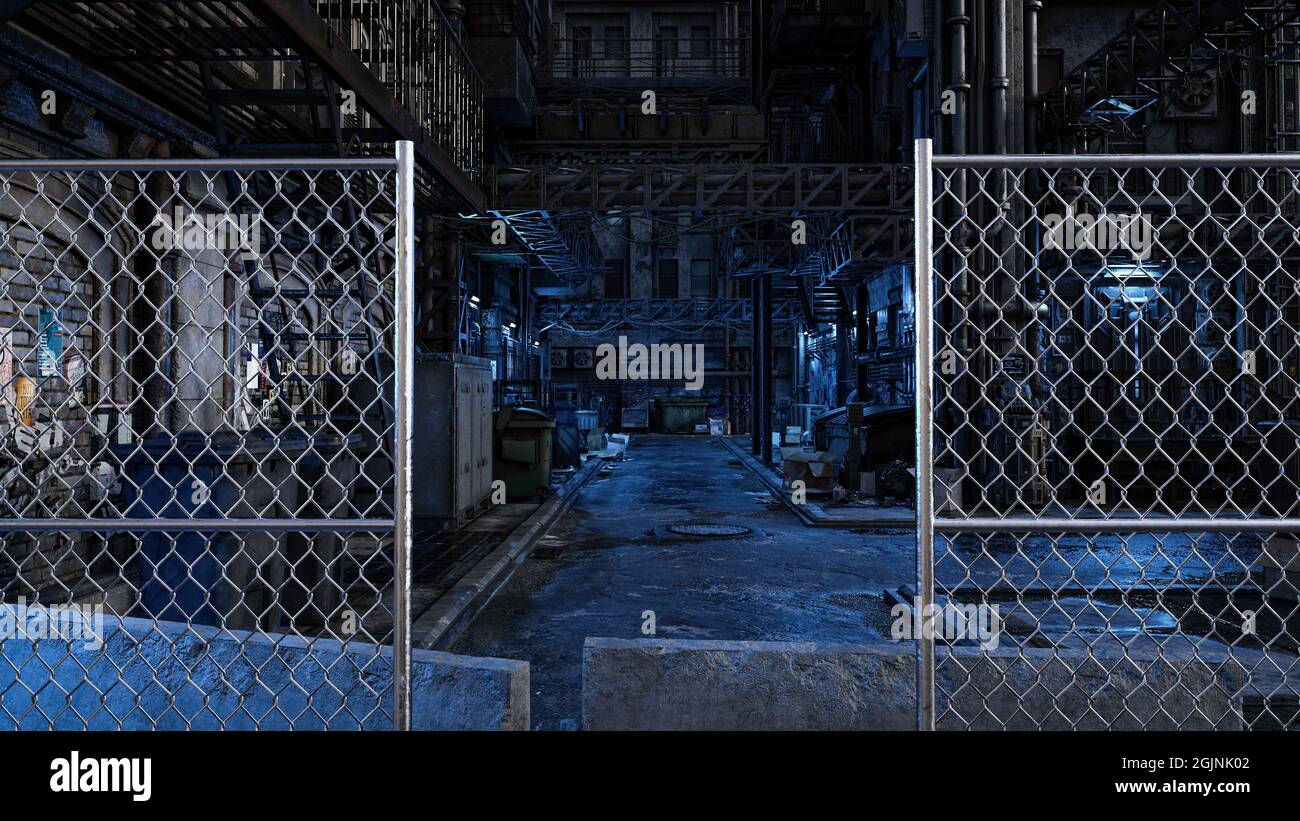 Dark seedy futuristic urban back street alley viewed through chain link ...
