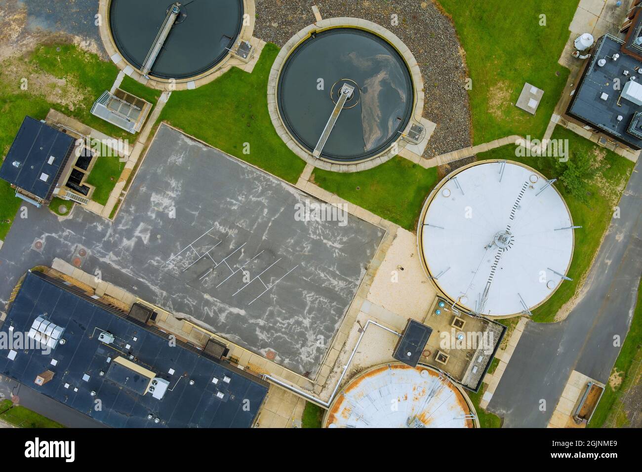 Primary sedimentation stage, sewage flowing through large circular ...