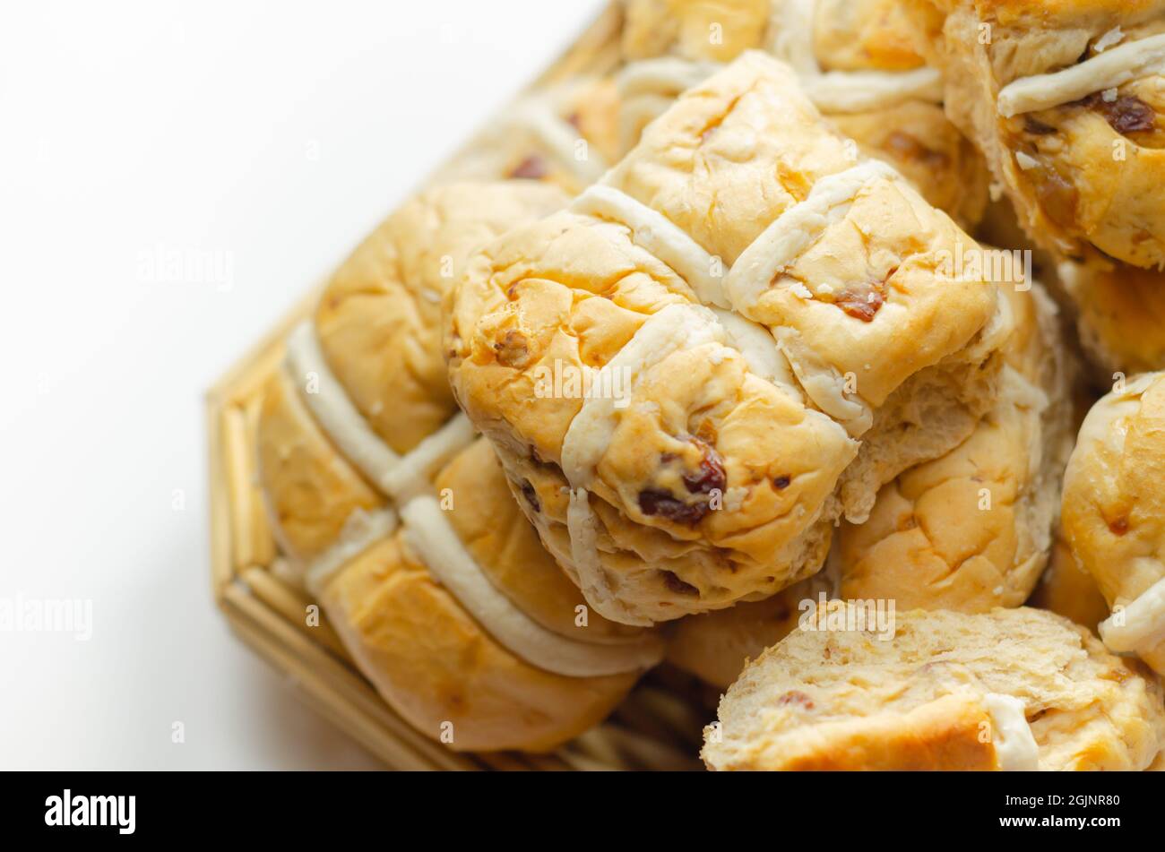 Traditional hot cross buns, bread with characteristic decoration in the ...