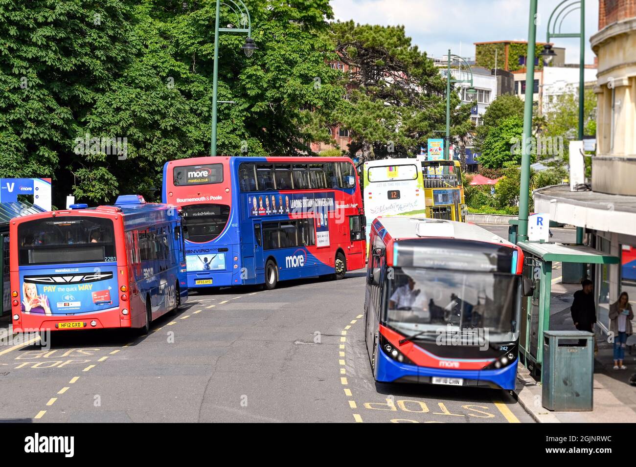 Bournemouth, Dorset, England - June 2021: Public service buses at bus ...