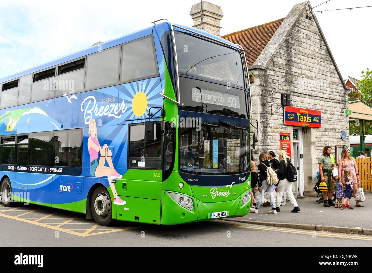 Swanage, Dorset, England - June 2021: Public service bus picking up ...