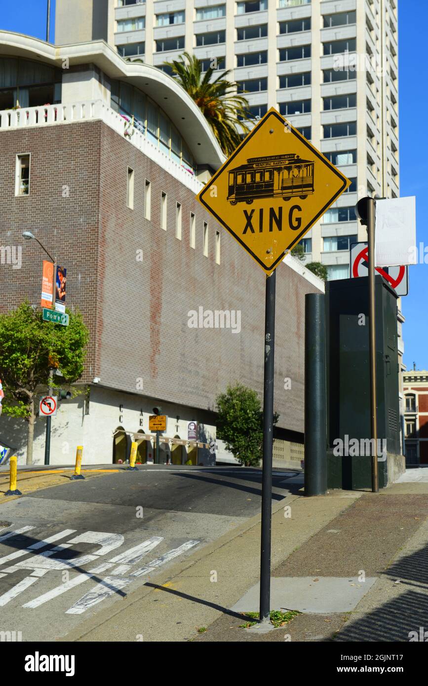 Cable Car Crossing Road Sign on Powell Street at California Street in ...