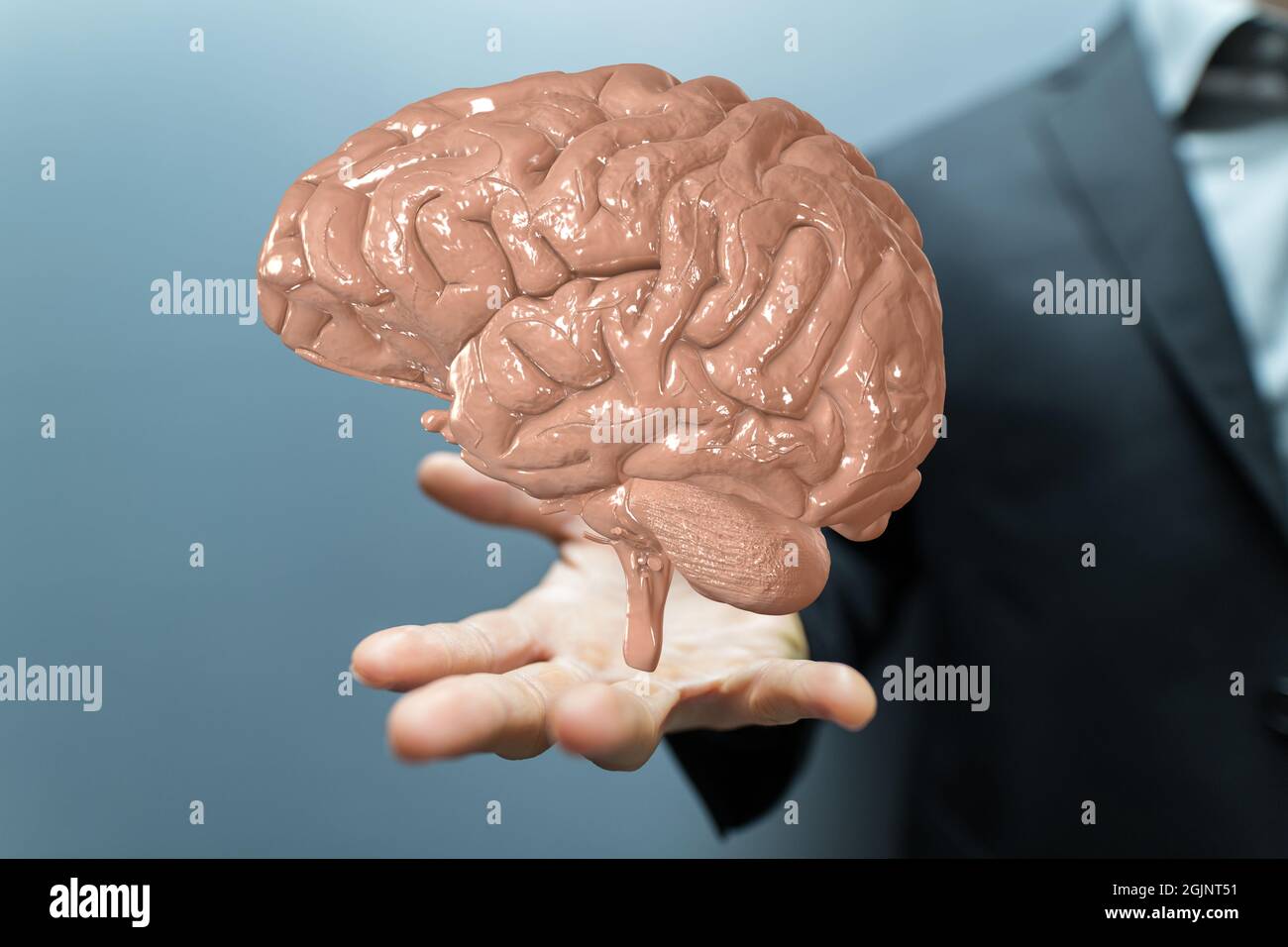Closeup of 3D rendered human brain anatomical model hovering in man’s ...