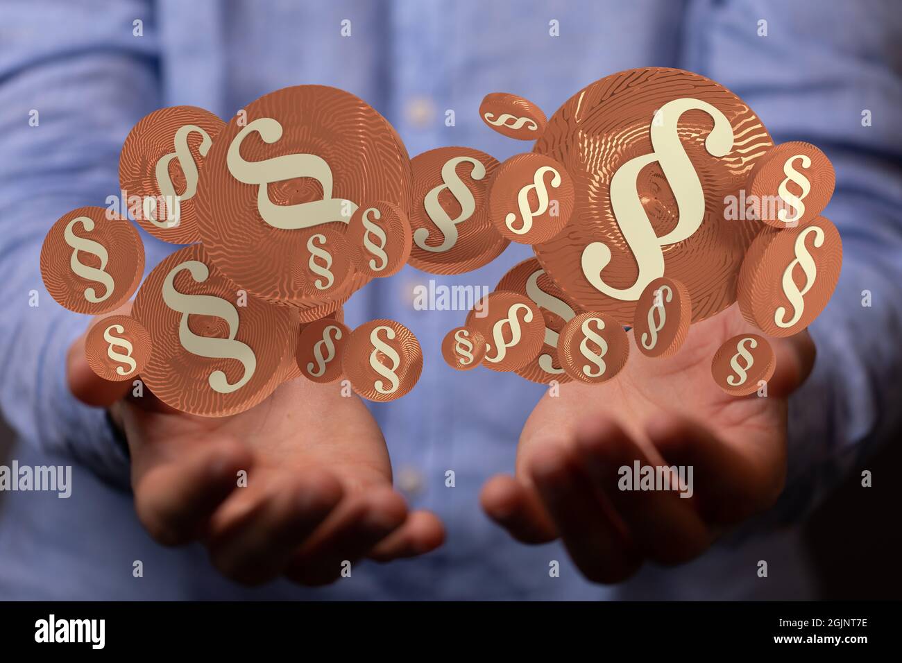 Closeup of 3D rendered paragraph section sign hovering in man hands ...