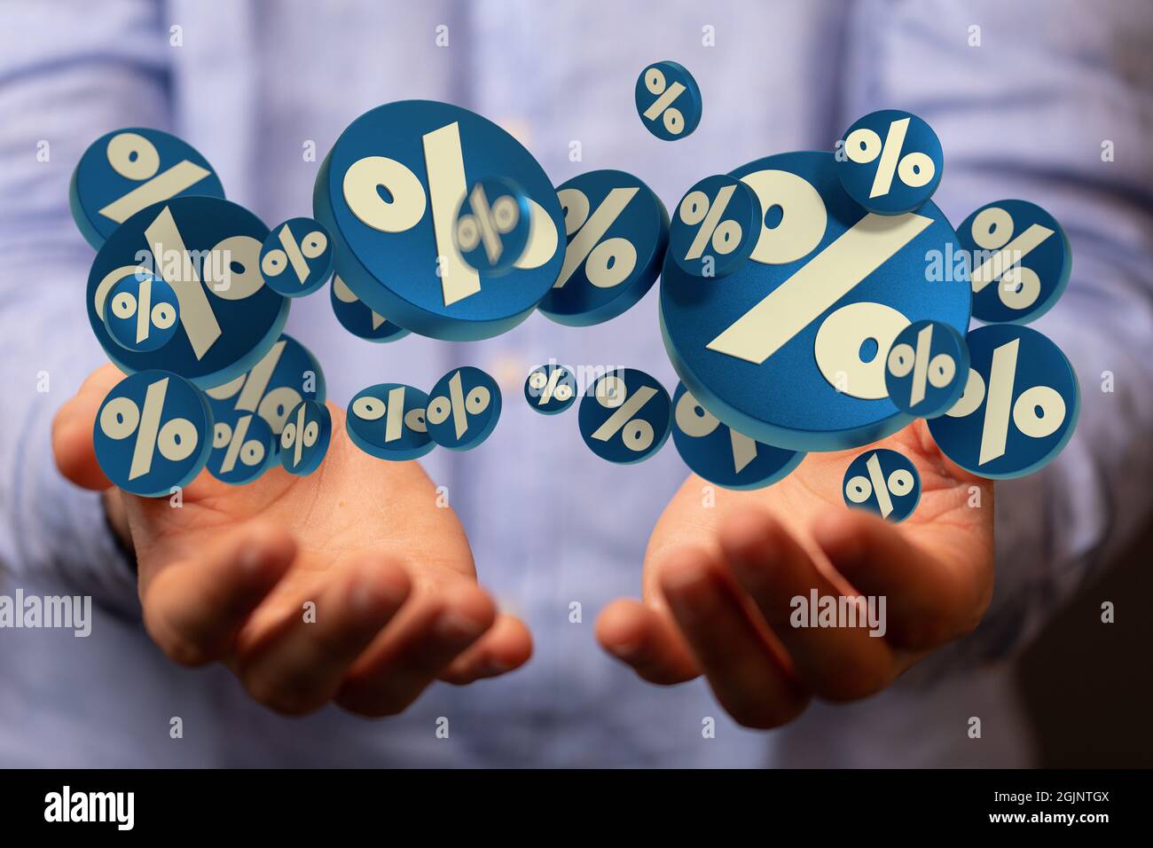 Closeup shot of blue round digital percentage signs above a hand Stock ...