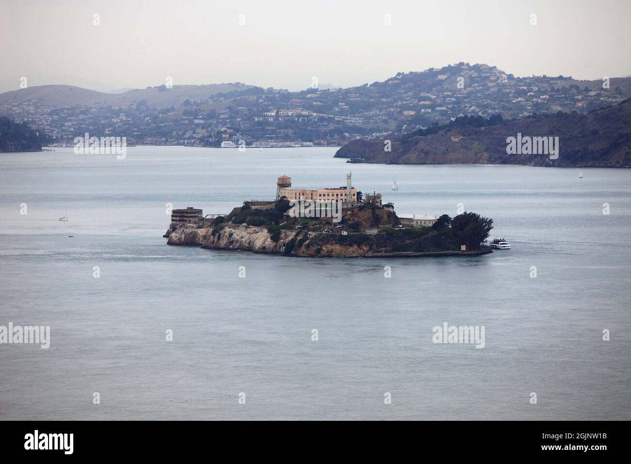 Alcatraz Island aerial view in San Francisco Bay, from top of the Coit ...