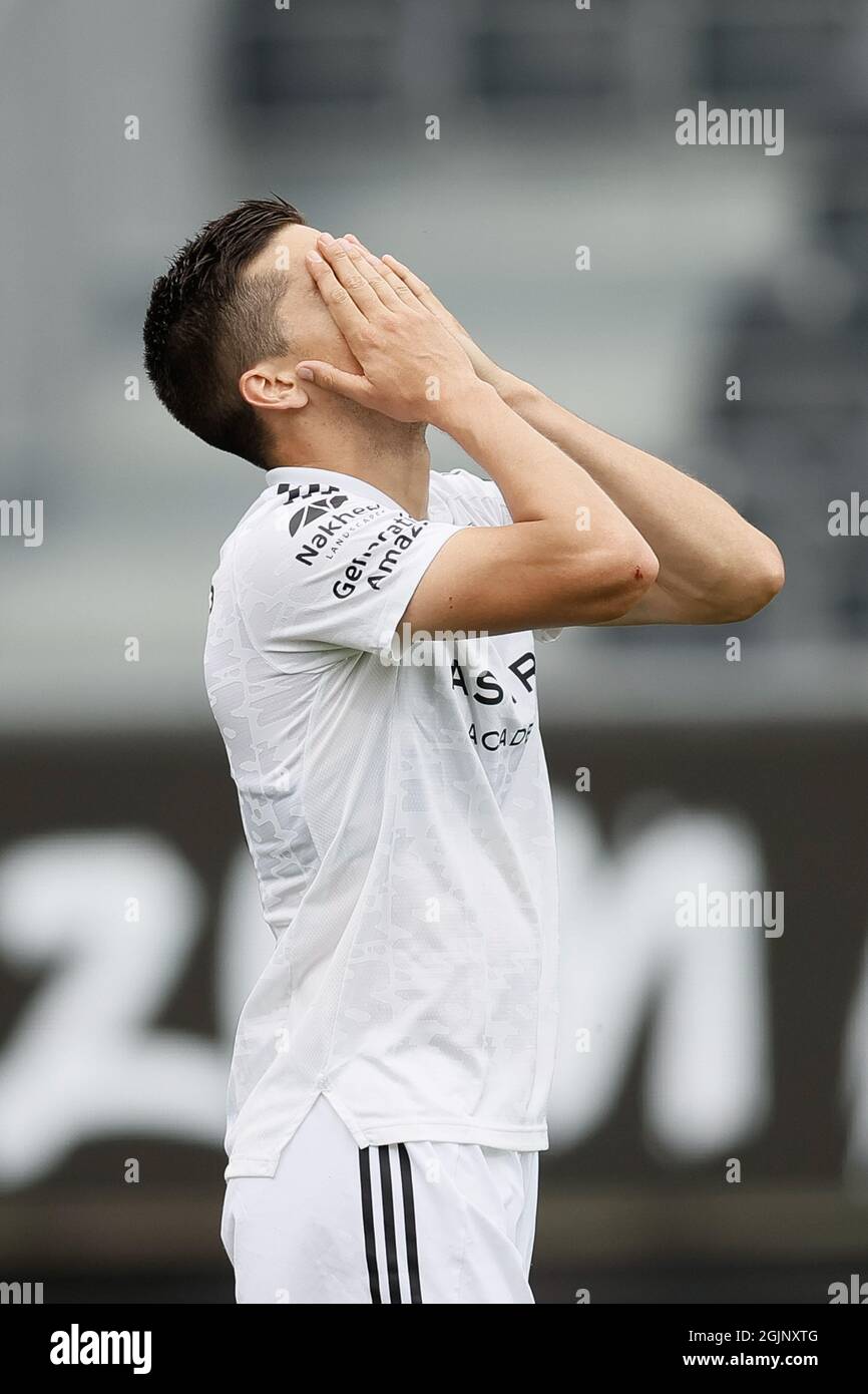 Eupen's Stef Peeters reacts during a soccer match between KAS Eupen and ...