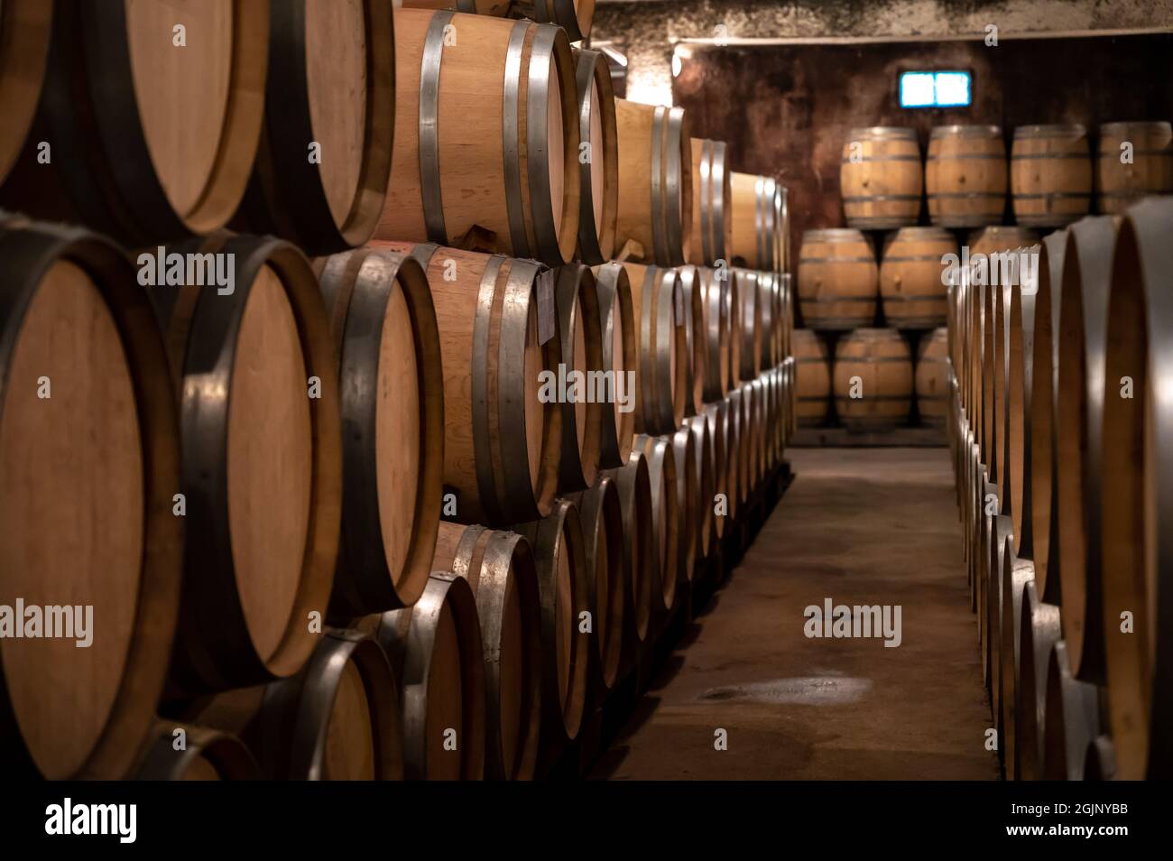Keeping for years of dry red wine in new oak barrels in caves in ...