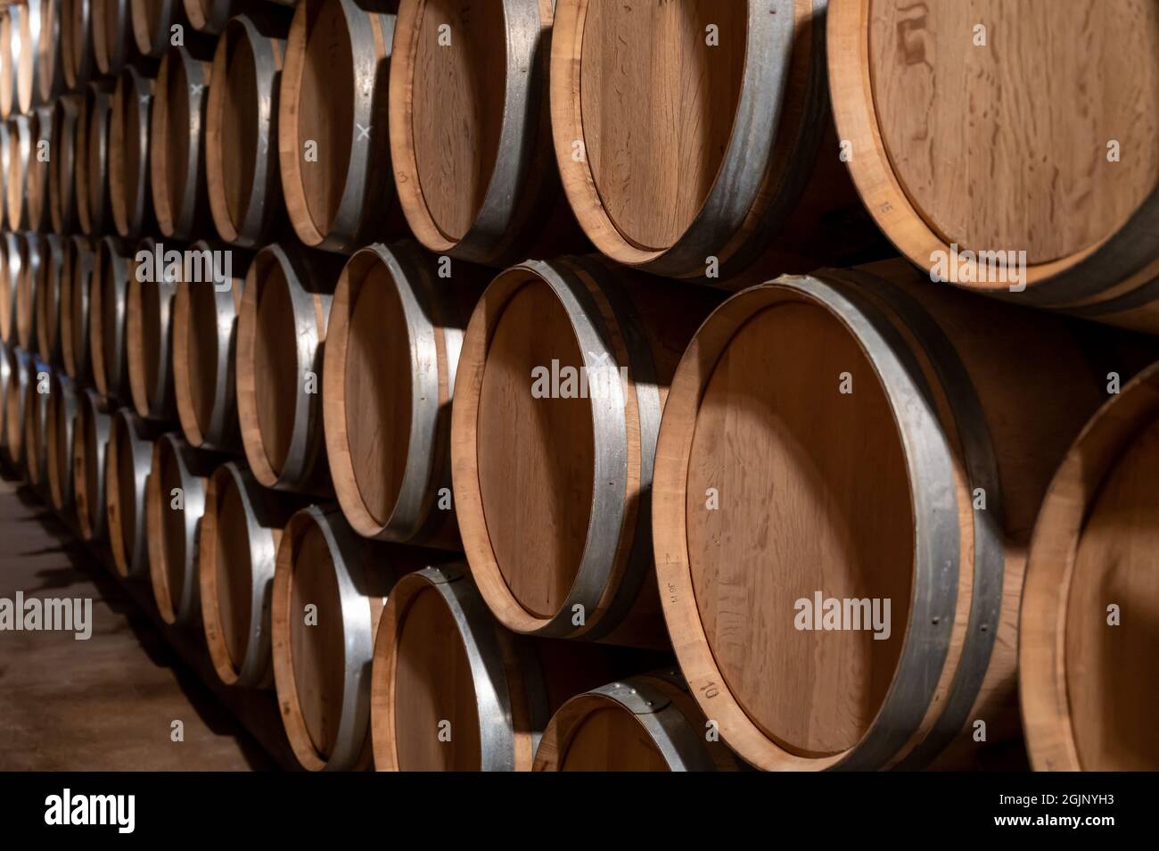 Keeping for years of dry red wine in new oak barrels in caves in ...