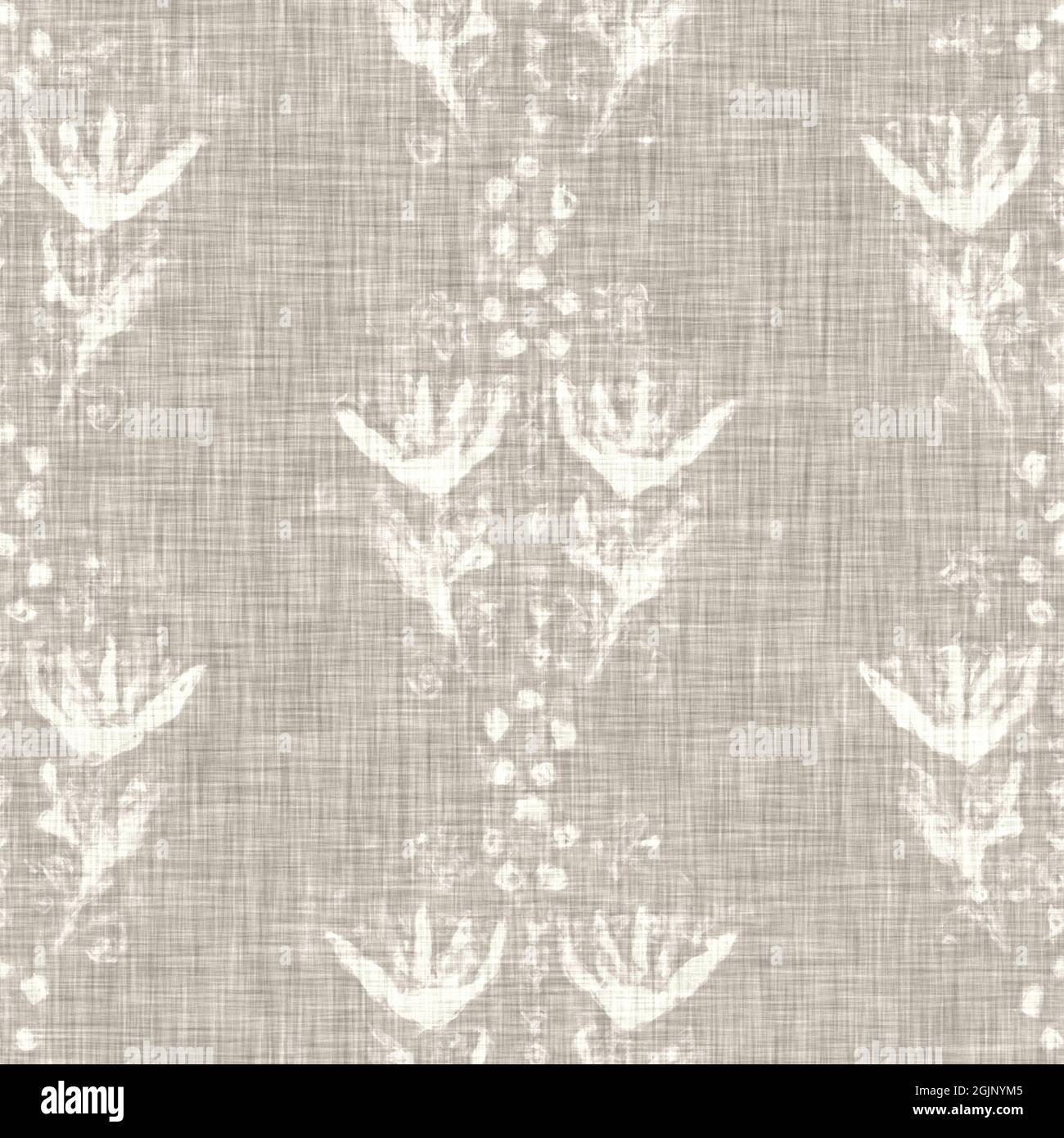 Hand drawn grey flower motif linen texture. Whimsical garden seamless ...