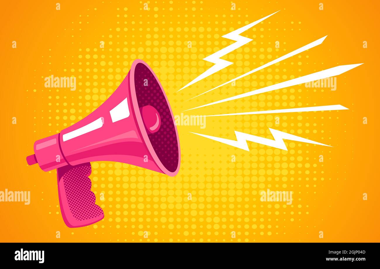 Vector vintage poster with retro pink megaphone on yellow background ...