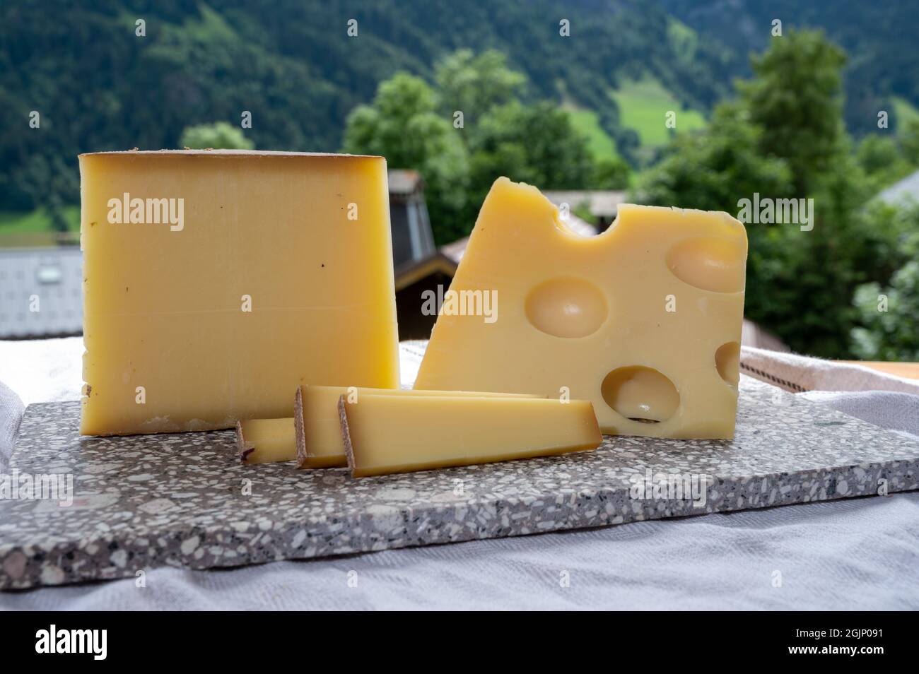 Cheese collection, Swiss cow cheese emmental and gruyere and mountains ...