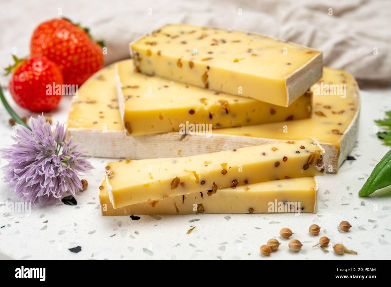 Cheese collection, matured yellow cow cheese with mustard seeds from ...