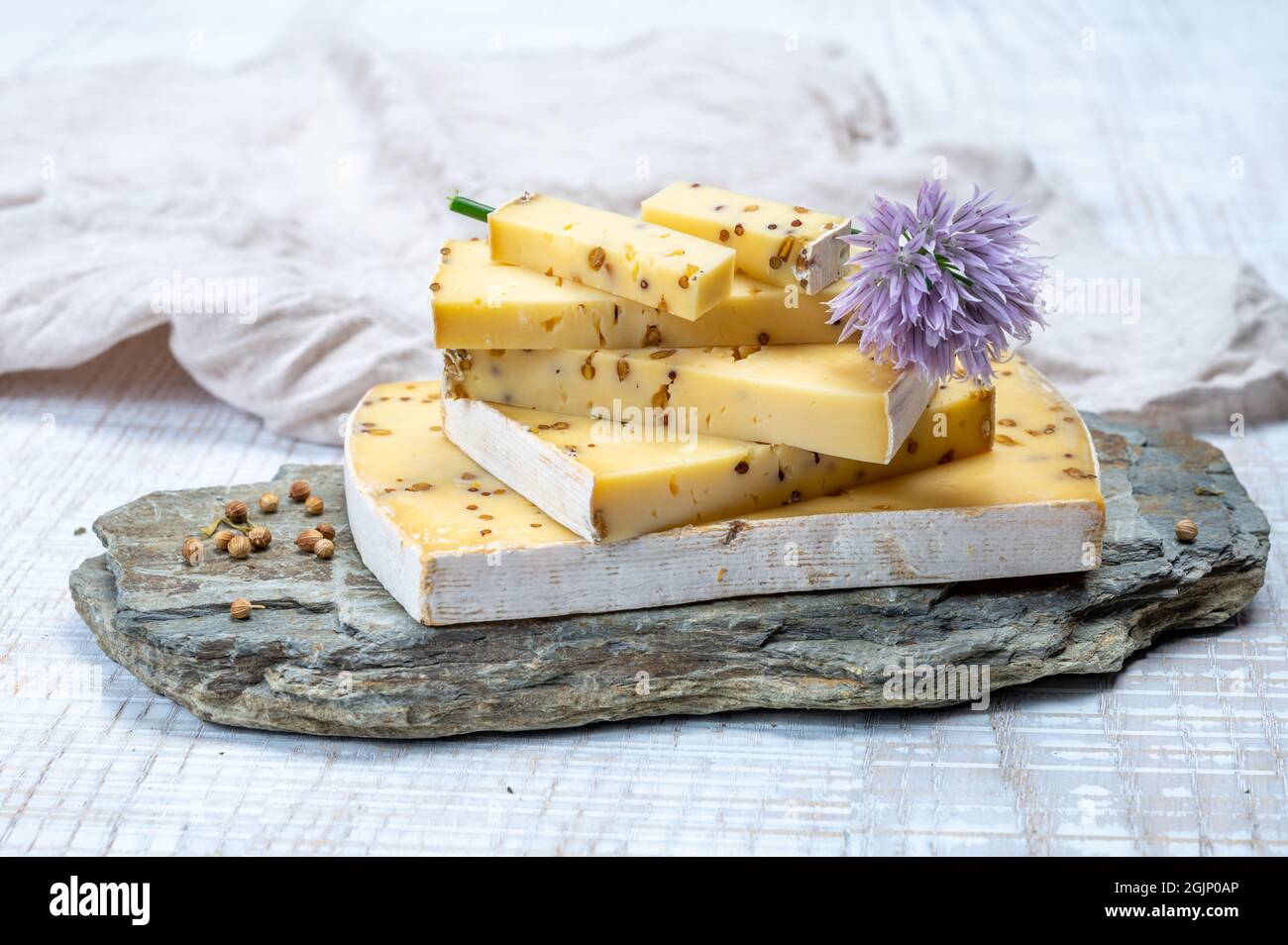Cheese collection, matured yellow cow cheese with mustard seeds from ...