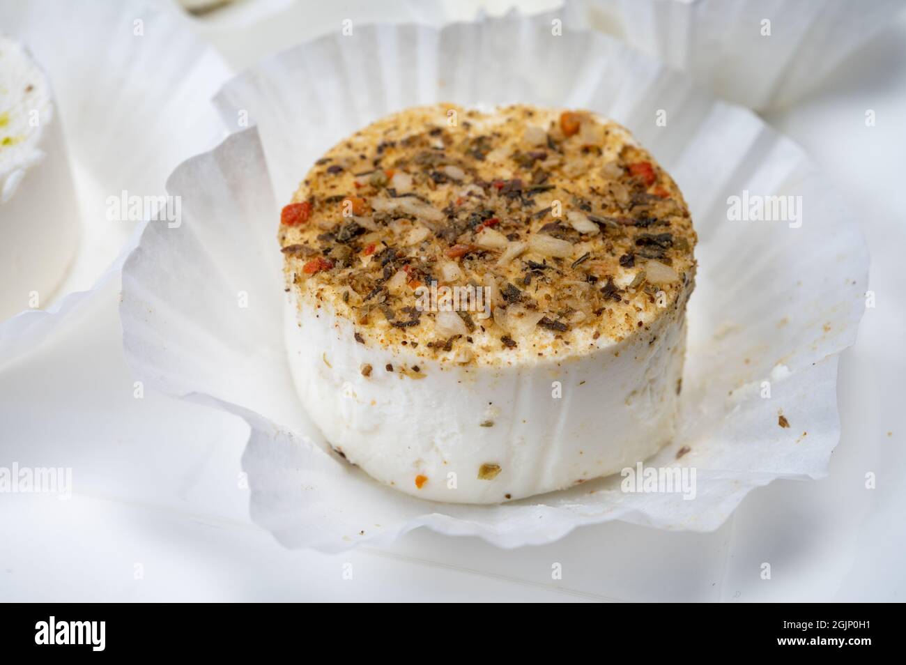 Cheese collection, variety of fresh white soft goat French cheeses with ...