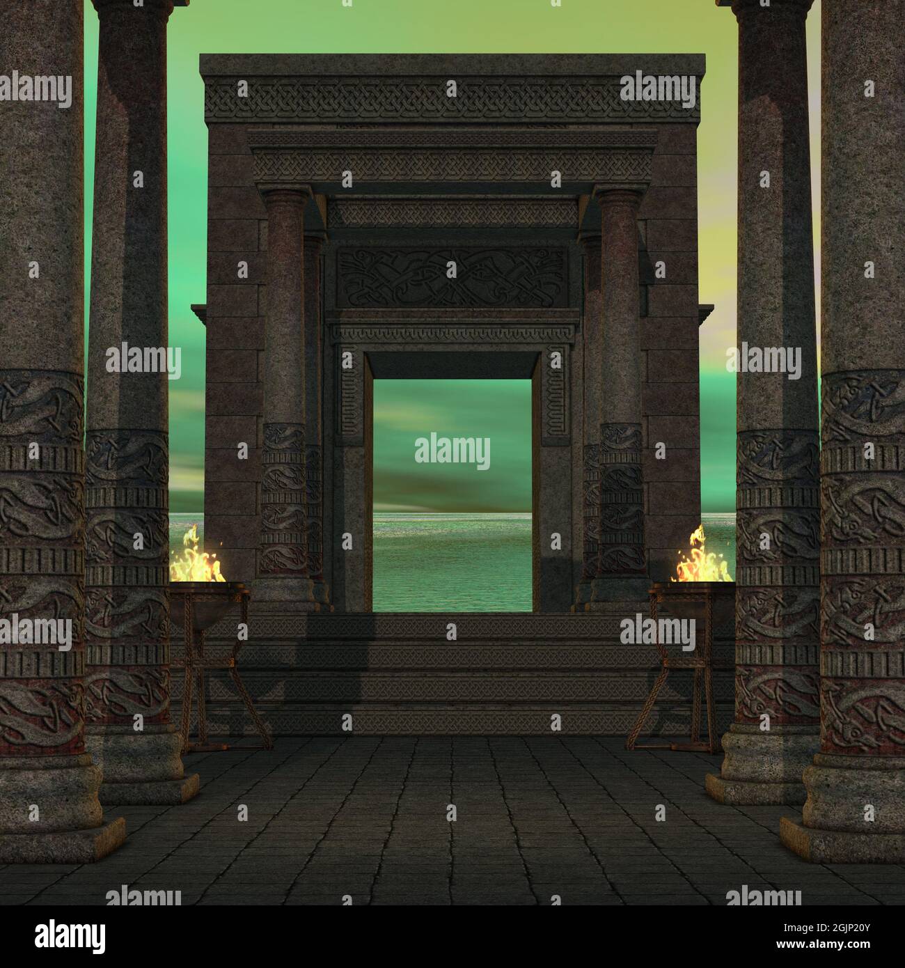 3d illustration of an old and mysterious entrance with a colorful light ...
