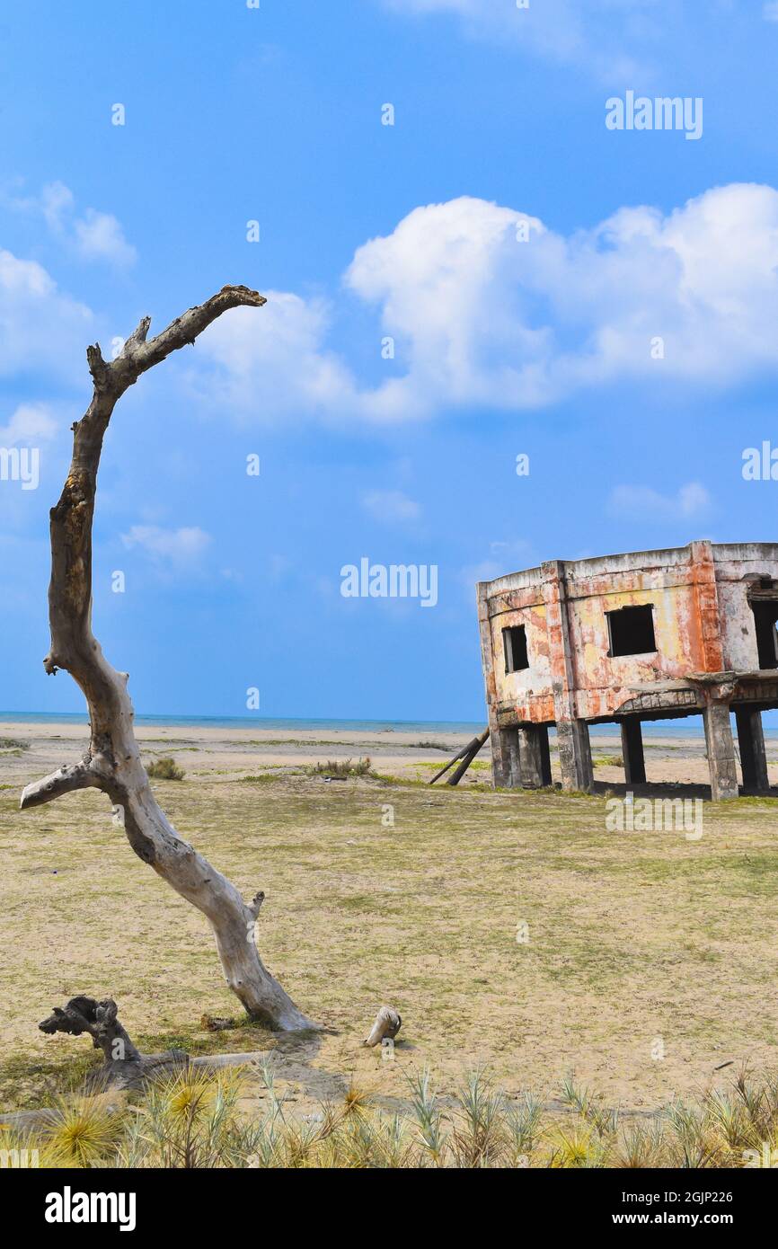 Vertical shot of building ruins in a field on the seaside Stock Photo ...