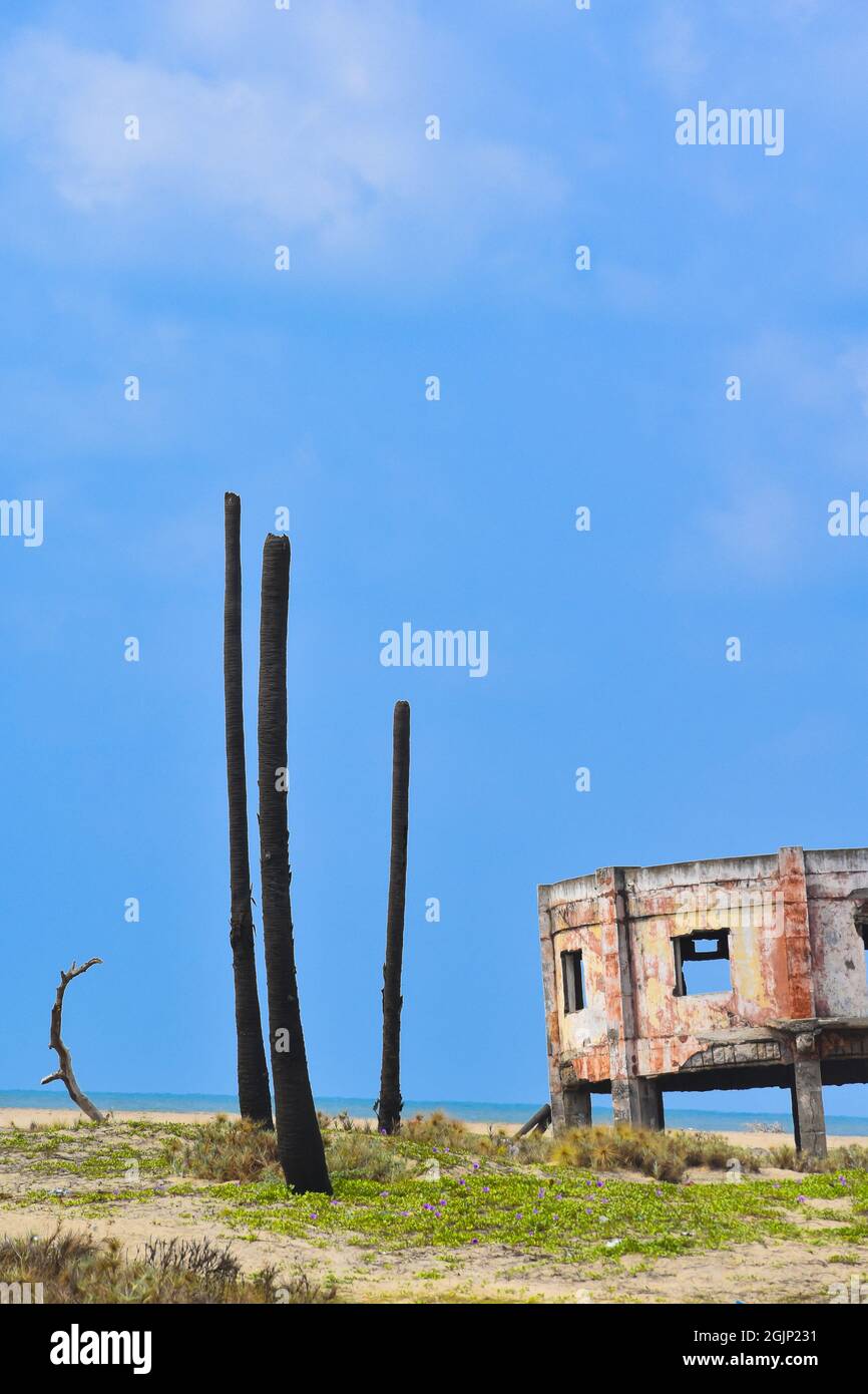 Vertical shot of building ruins in a field on the seaside Stock Photo ...