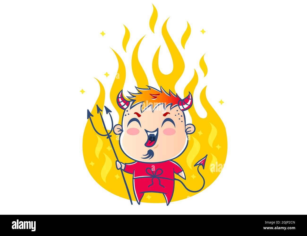 Vector illustration of a devil in the fire in kawaii style ...