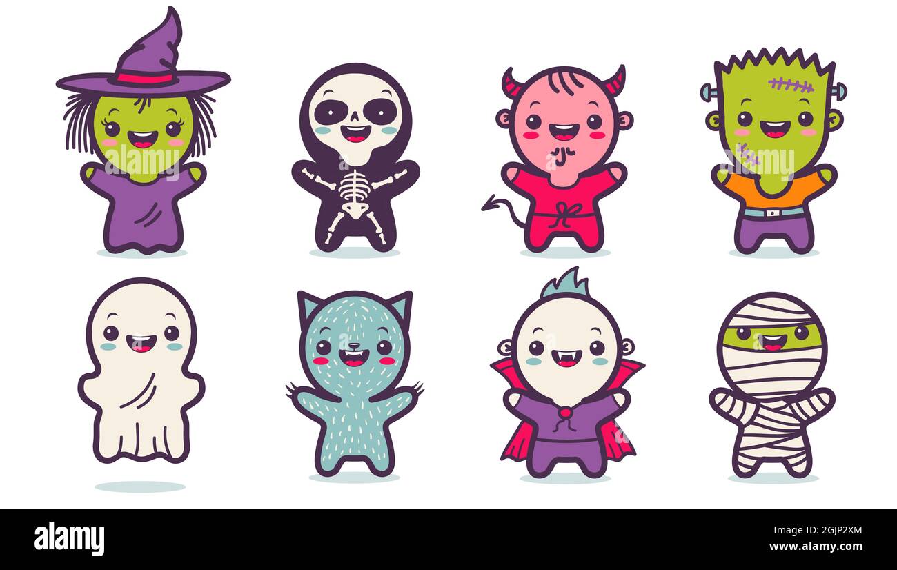 Vector set illustrationn of children in costumes for Halloween ...
