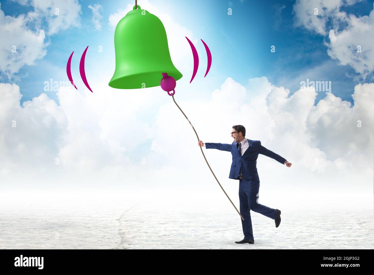 Businessman ringing the bell in case of the danger Stock Photo - Alamy
