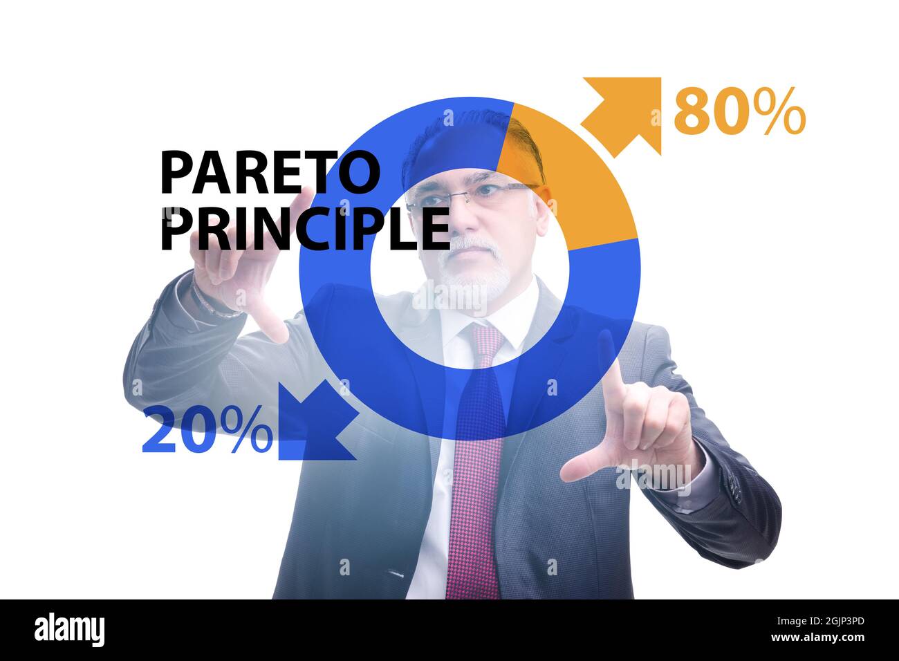 Businessman in the pareto rule illustration Stock Photo - Alamy