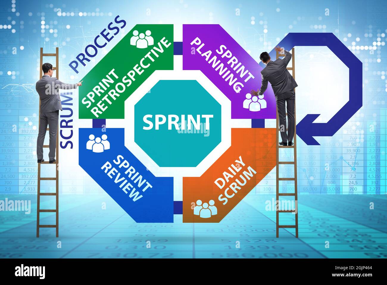 Scrum process illustration with the businessman Stock Photo - Alamy