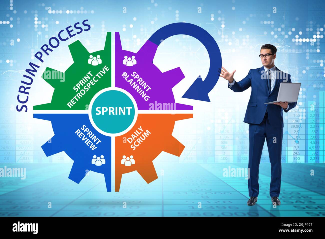 Scrum process illustration with the businessman Stock Photo - Alamy