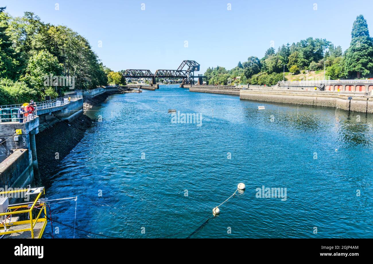 Salmon Bay Bridge at the Ballard Locks in Washington State Stock Photo ...