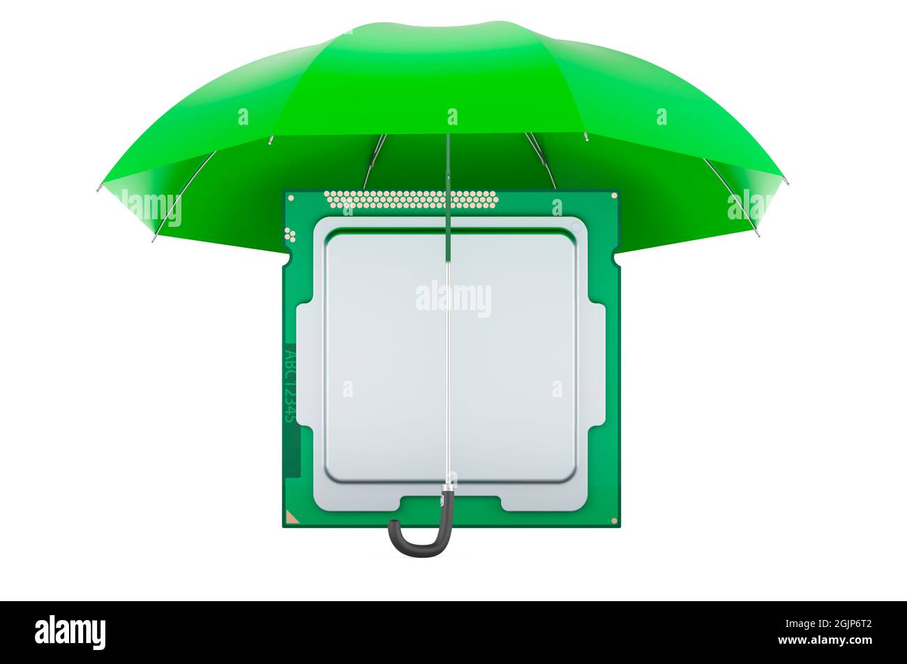 CPU computer processor unit under umbrella. Security and protection concept, 3D rendering ...