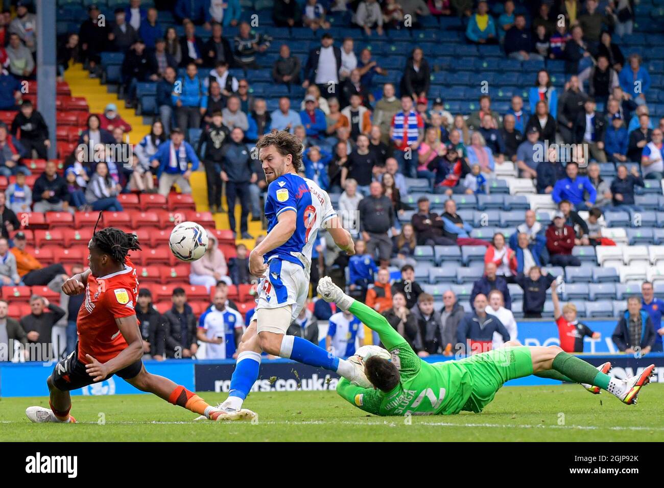 Sam Gallagher #9 of Blackburn Rovers sees his shot blocked Stock Photo ...