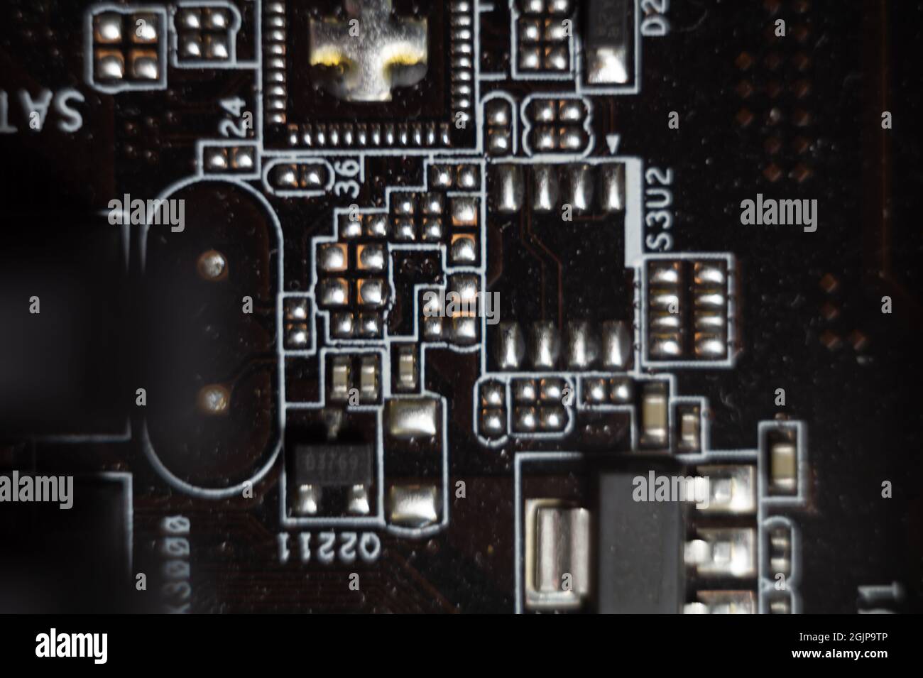 Closeup of the main circuit board with lots of details and ports Stock ...