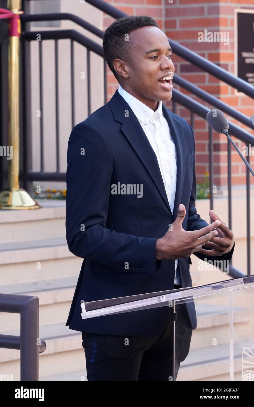 Isaiah Jewett speaks,during a ceremony to dedicate the Colich Track and ...