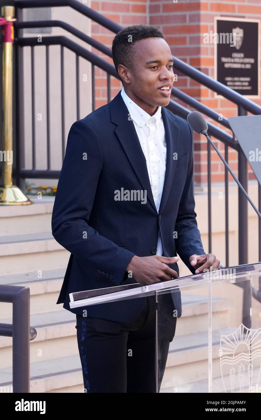 Isaiah Jewett speaks,during a ceremony to dedicate the Colich Track and ...