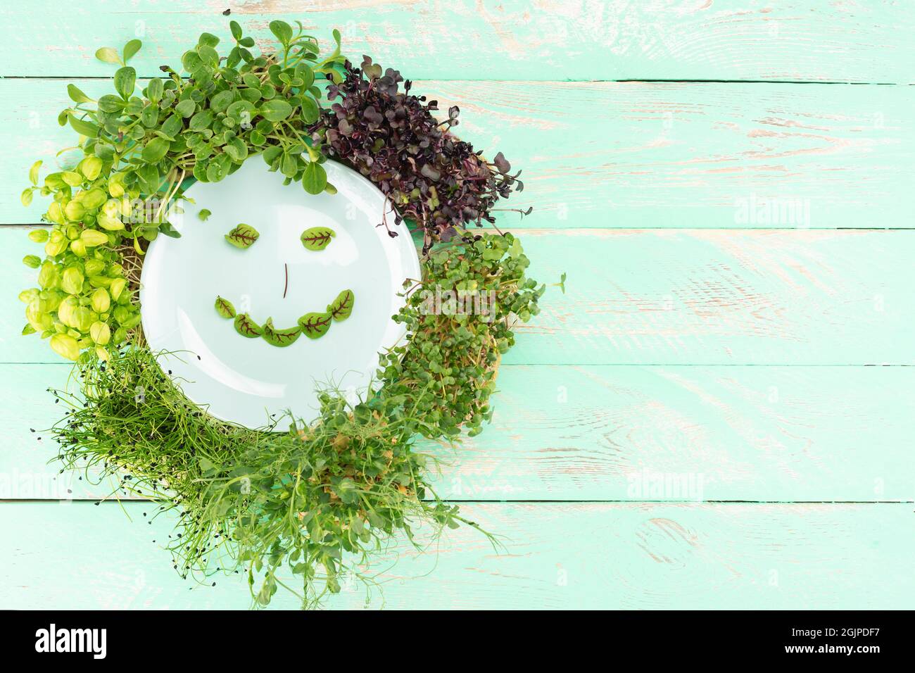 Several types of microgreens on a wooden background. Microgreens of ...