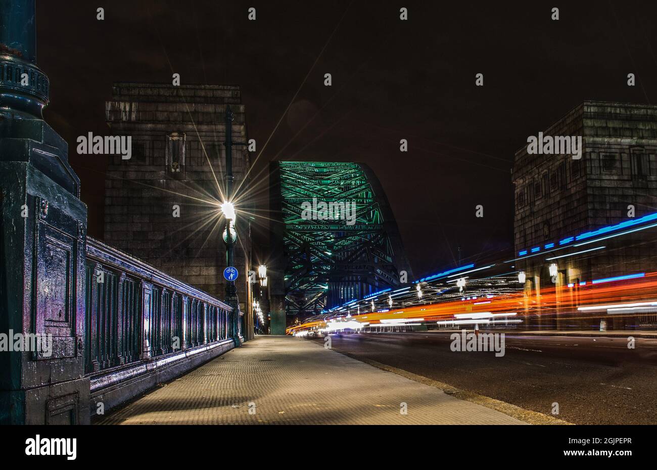Exterior view of a bridge with green lights during nighttime Stock ...