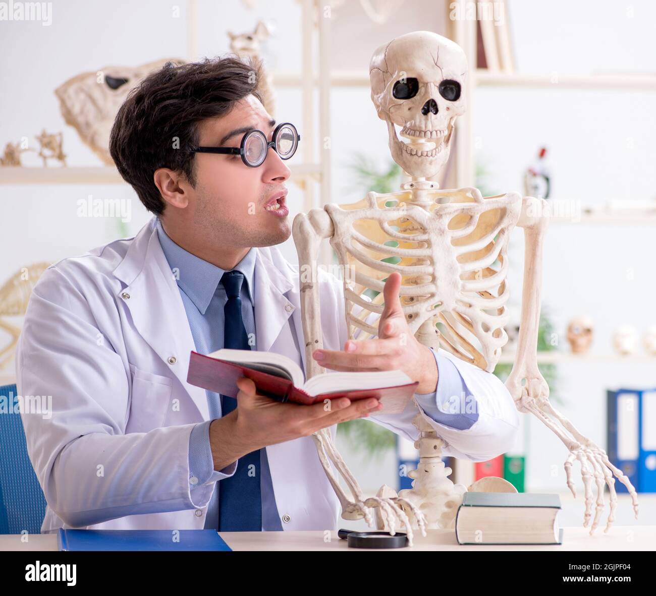 The crazy professor studying human skeleton Stock Photo - Alamy