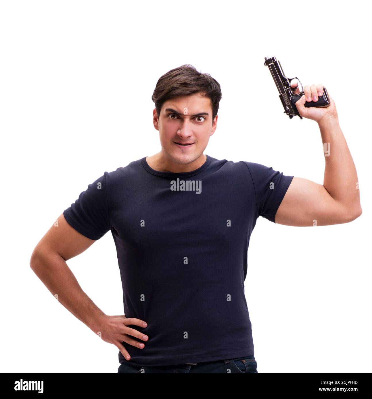 The aggressive young man with gun isolated on white Stock Photo - Alamy