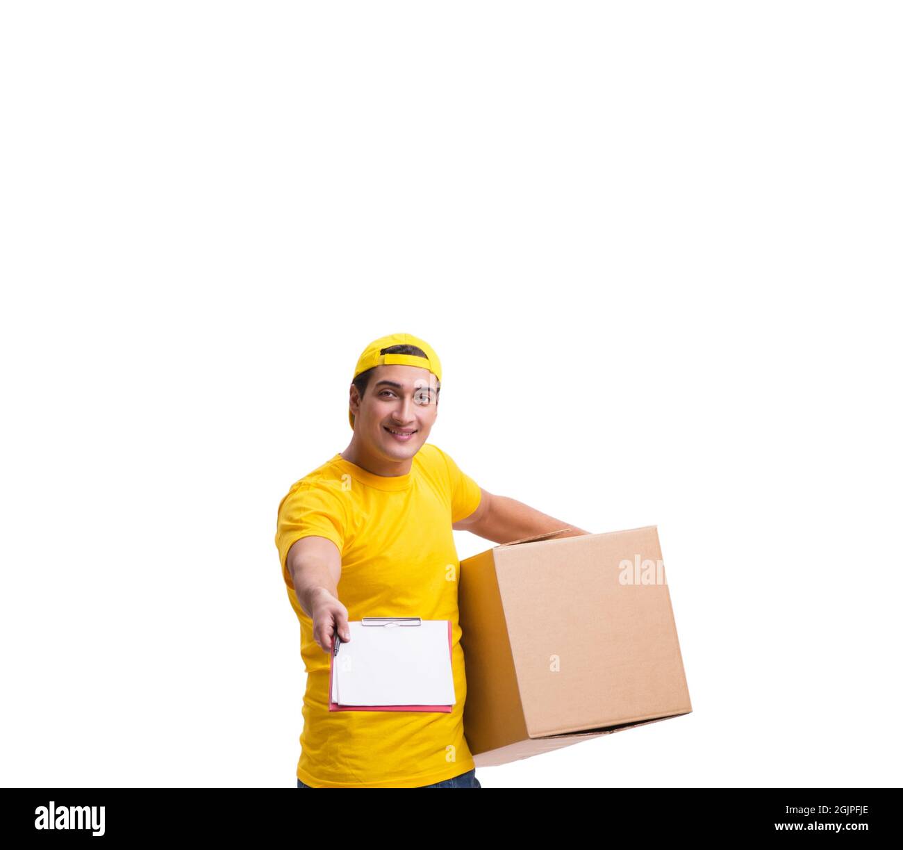 The funny delivery boy with box isolated on white Stock Photo - Alamy