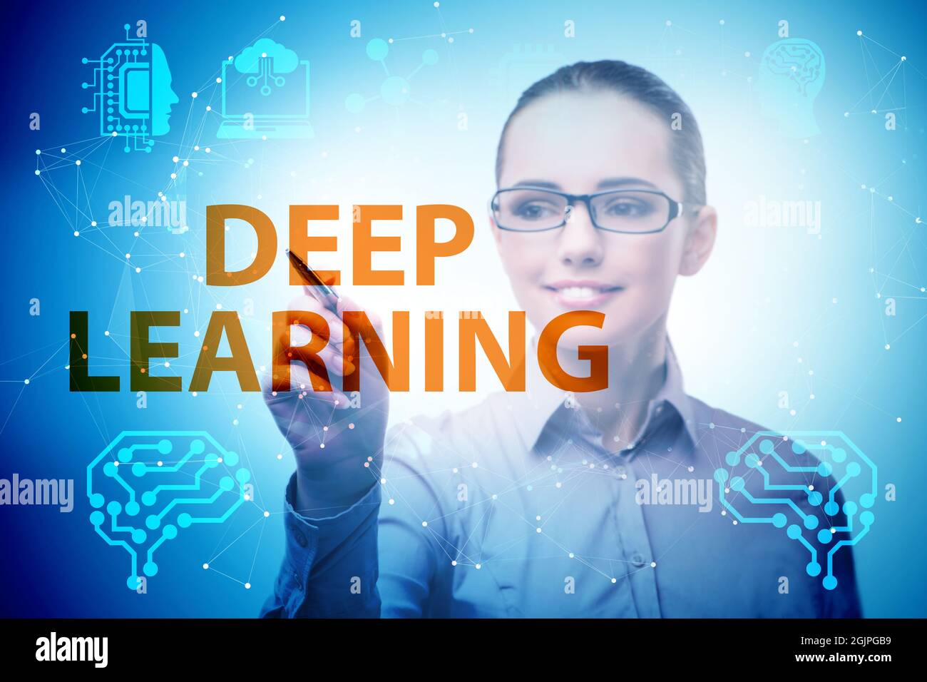 Deep learning concept with the businessman pressing button Stock Photo ...