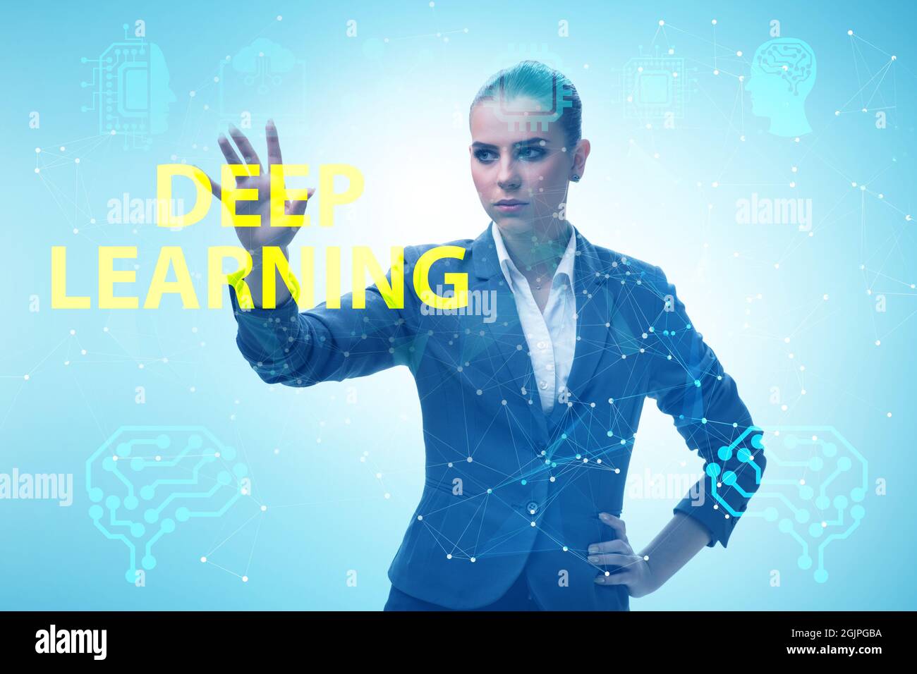 Deep learning concept with the businessman pressing button Stock Photo ...
