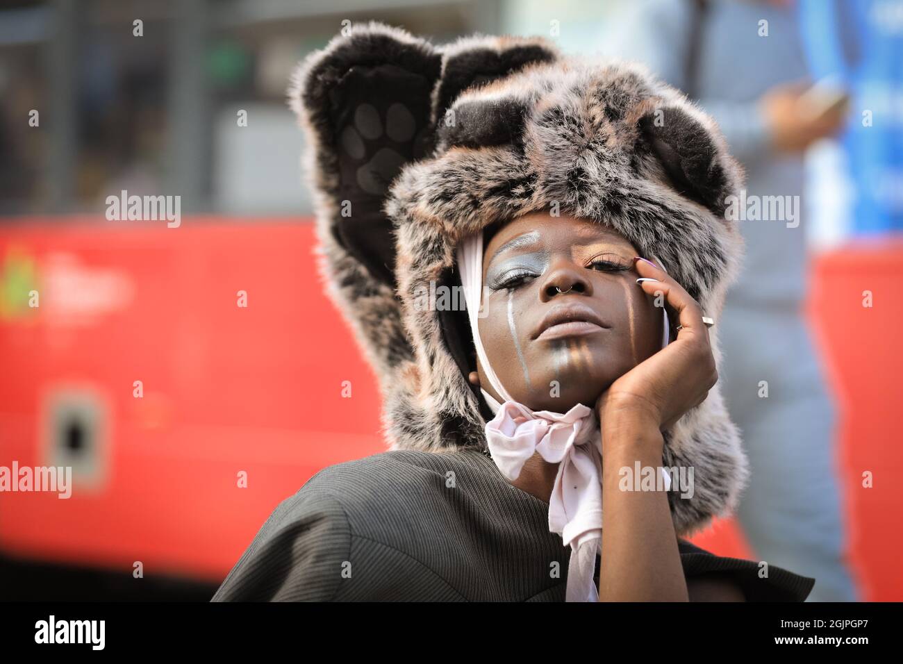 London, UK. 11th Sep, 2021. Models pose in extravagant outfits and ...