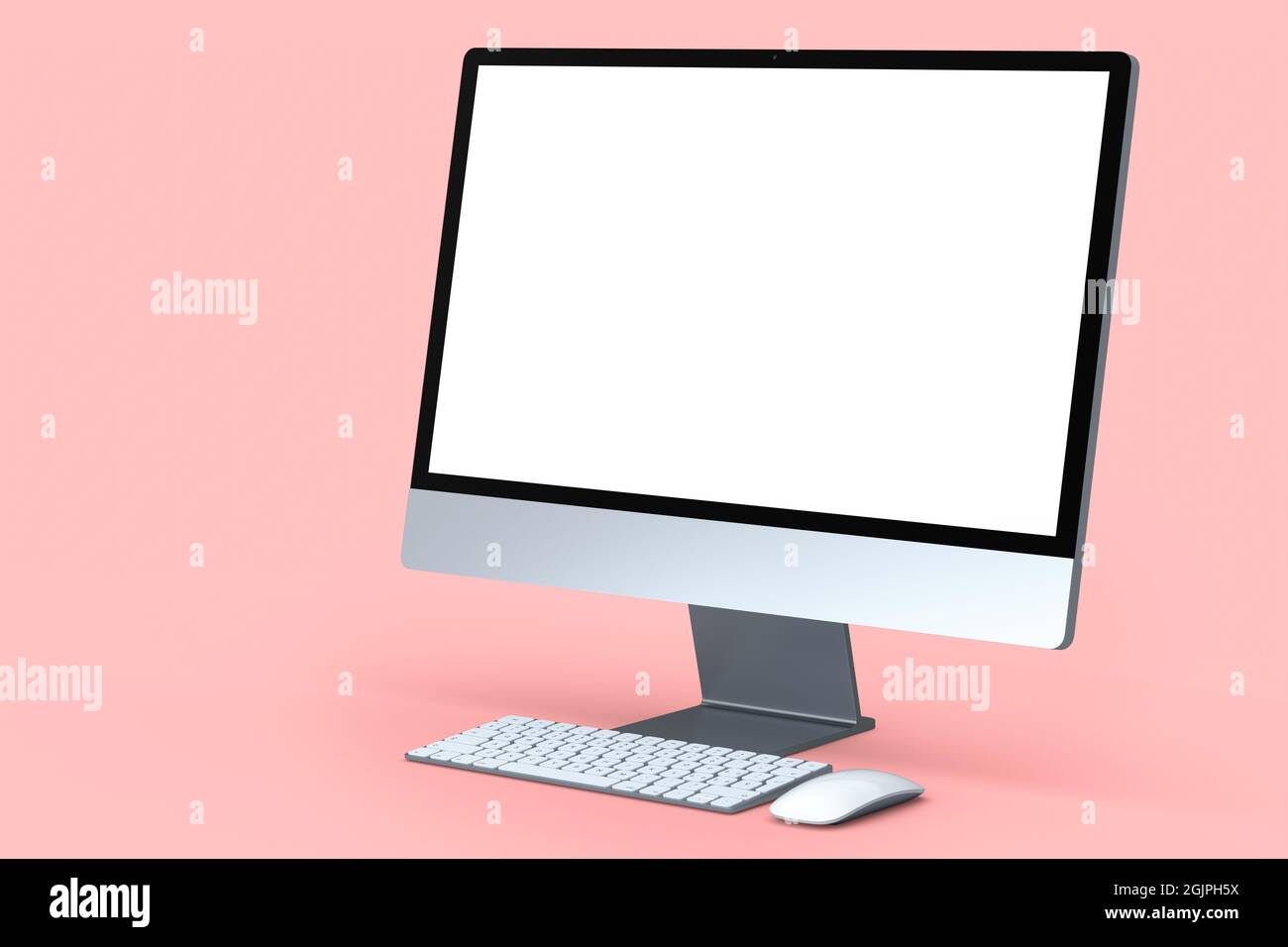 Realistic Grey Computer Screen Display With Keyboard And Mouse Isolated On Pink Background 3d