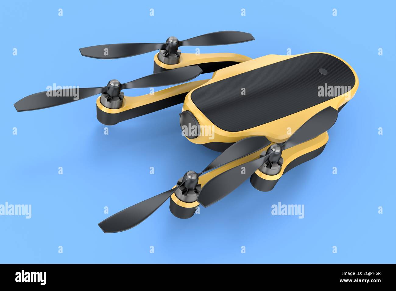 Flying photo and video yellow drone or quadcopter with action camera ...