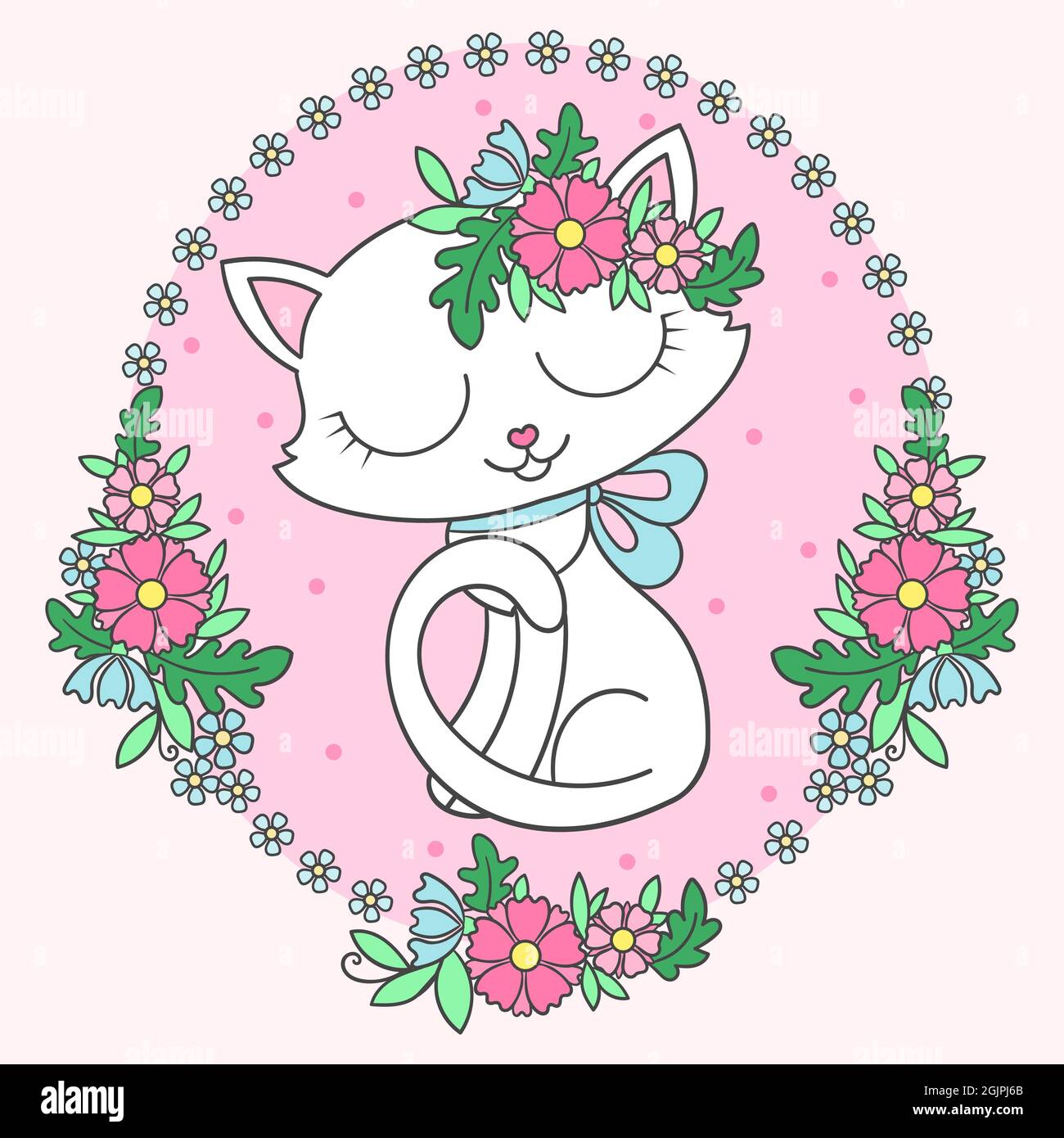 Cute white cartoon cat in an oval frame of flowers. For children's ...