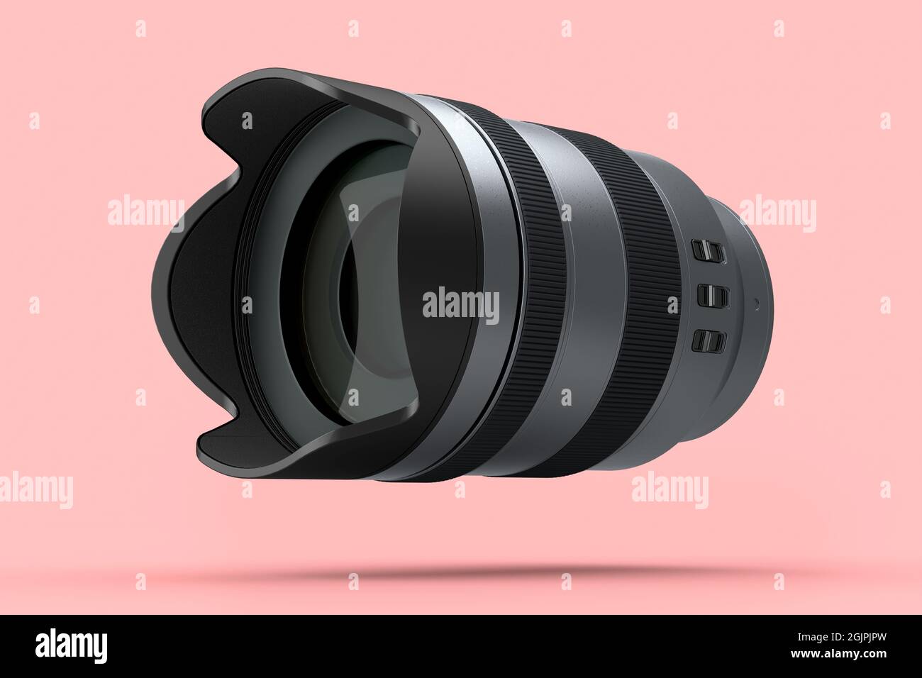 Modern nonexistent silver DSLR macro camera lens on pink background. 3D ...