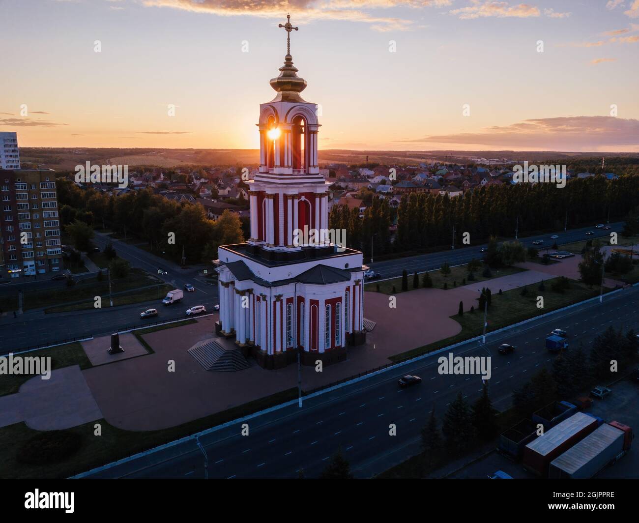 Temple Martyr St. George at the memorial complex in Kursk, aerial view ...
