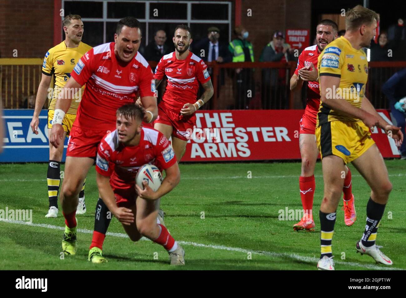 Mikey Lewis (20) of Hull KR celebrates his try Stock Photo - Alamy